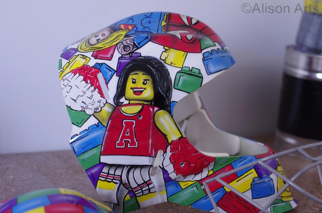 Airbrush painted Hockey goalie mask -Lego themed - ALISON ARTS