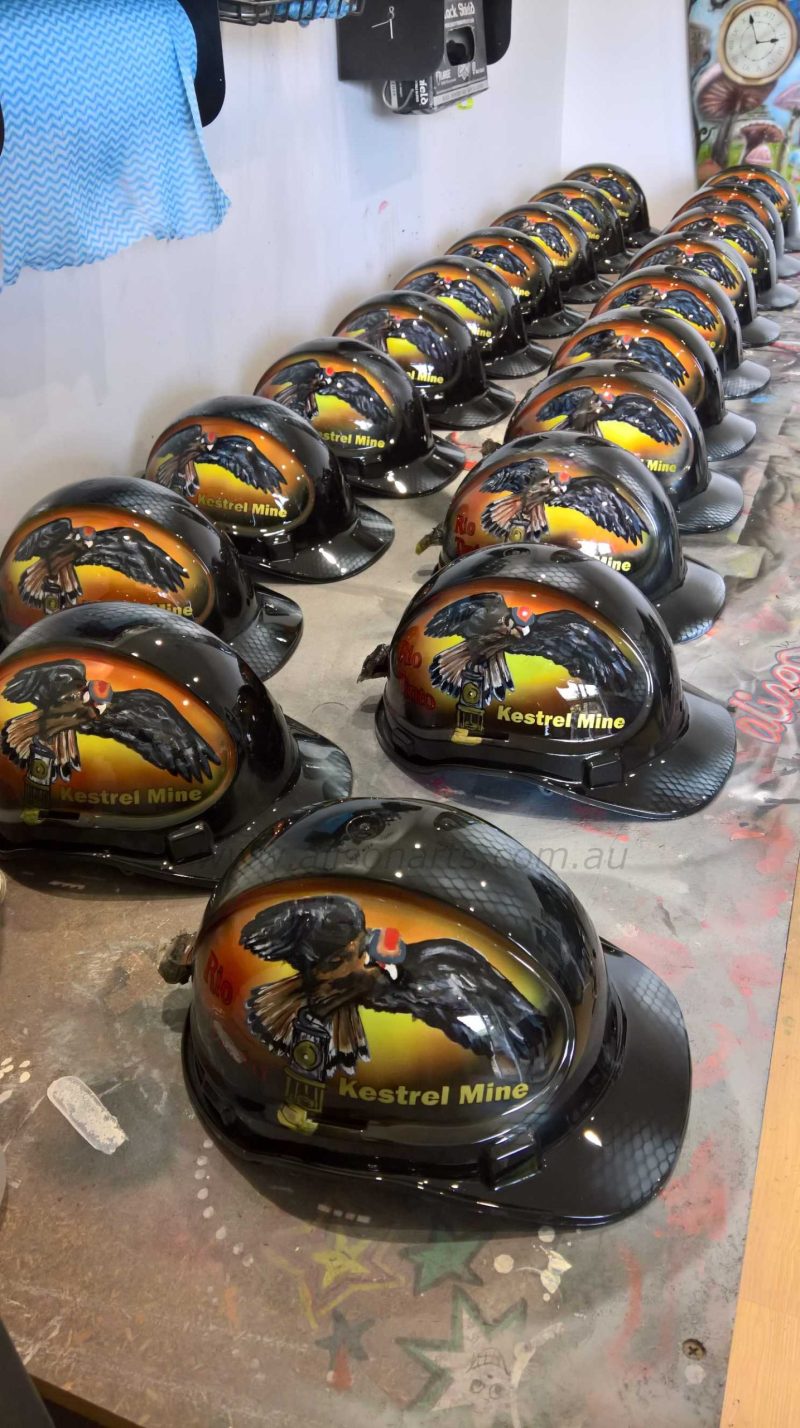 Custom airbrush painted mine rescue helmets - Rio Tinto - ALISON ARTS